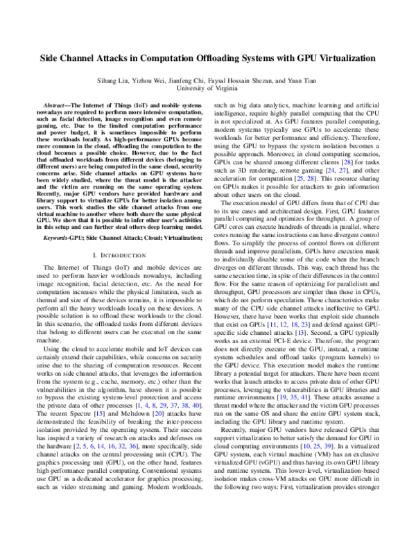 (PDF) Side Channel Attacks in Computation Offloading Systems with GPU Virtualization