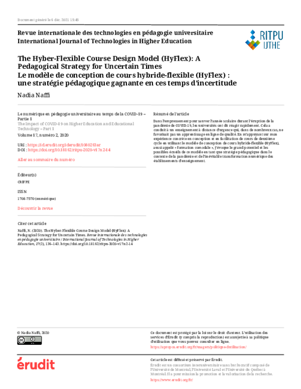 (PDF) The Hyber-Flexible Course Design Model (HyFlex): A Pedagogical ...