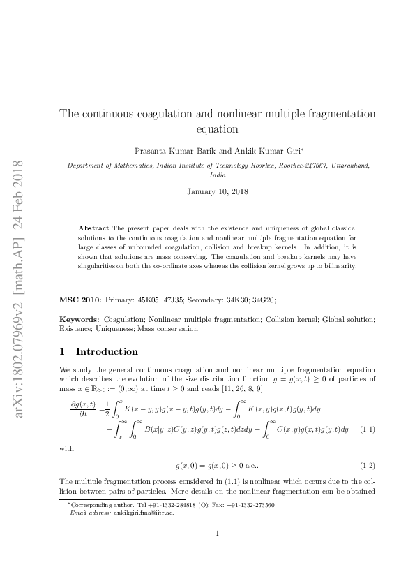 (PDF) The continuous coagulation and nonlinear multiple fragmentation equation | Dr. Ankik Kumar ...