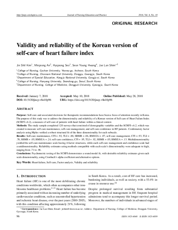 (PDF) Validity and reliability of the Korean version of self-care of heart failure index