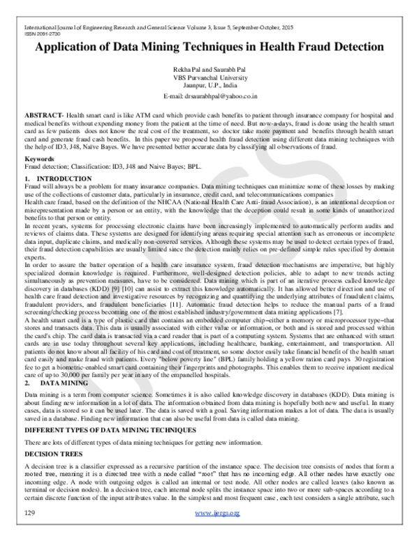 Pdf Application Of Data Mining Techniques In Health Fraud Detection