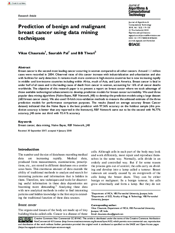 (PDF) Prediction of benign and malignant breast cancer using data ...