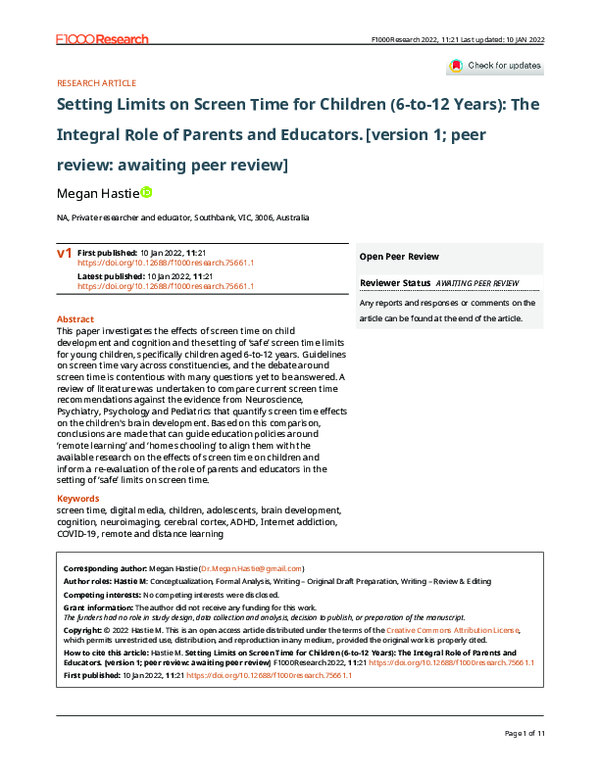 (PDF) Setting Limits on Screen Time for Children (6-to-12 Years): The ...