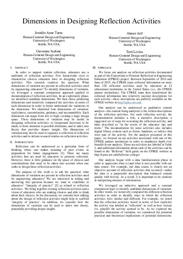 Dimensions in Designing Reflection Activities