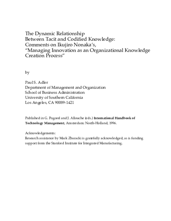 (PDF) The Dynamic Relationship Between Tacit and Codified Knowledge : Comments on Ikujiro Nonaka ...