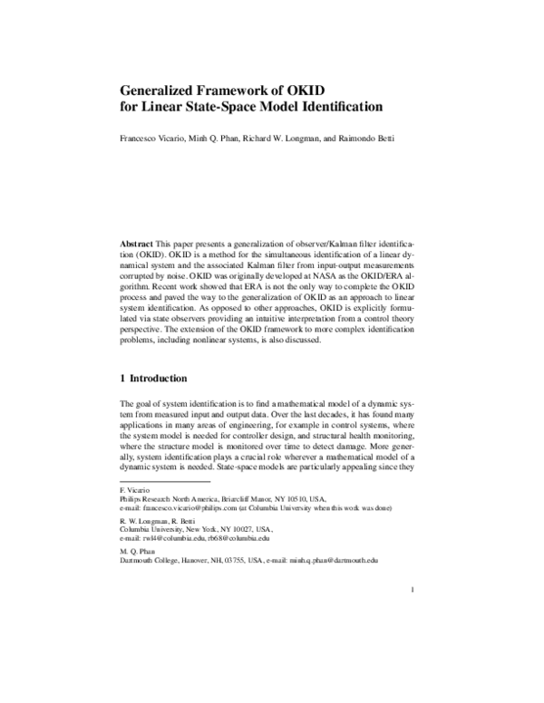 (PDF) Generalized Framework of OKID for Linear State-Space Model Identification
