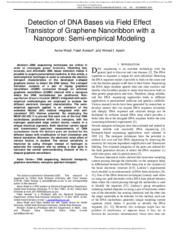 (PDF) Detection of DNA Bases via Field Effect Transistor of Graphene Nanoribbon with a Nanopore ...