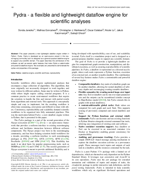 (PDF) Pydra - a flexible and lightweight dataflow engine for scientific analyses