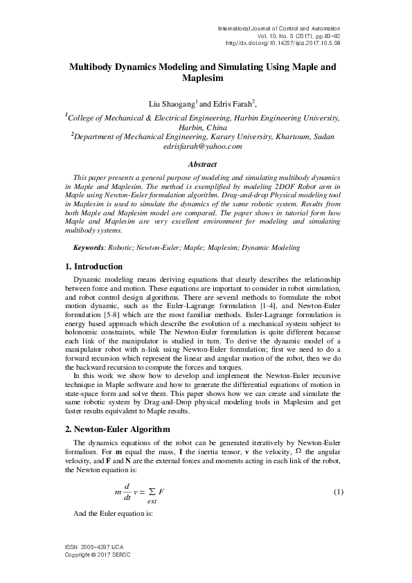 (PDF) Multibody Dynamics Modeling and Simulating Using Maple and Maplesim