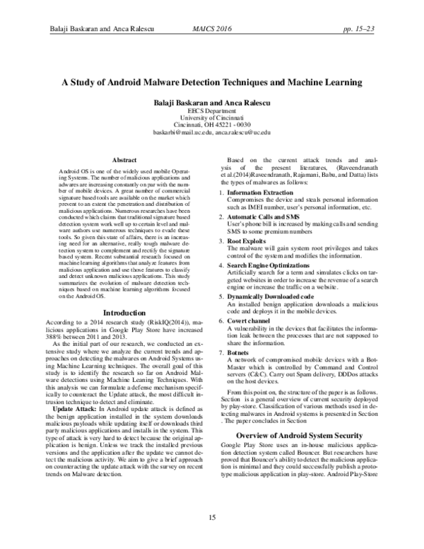 (PDF) A Study of Android Malware Detection Techniques and Machine Learning