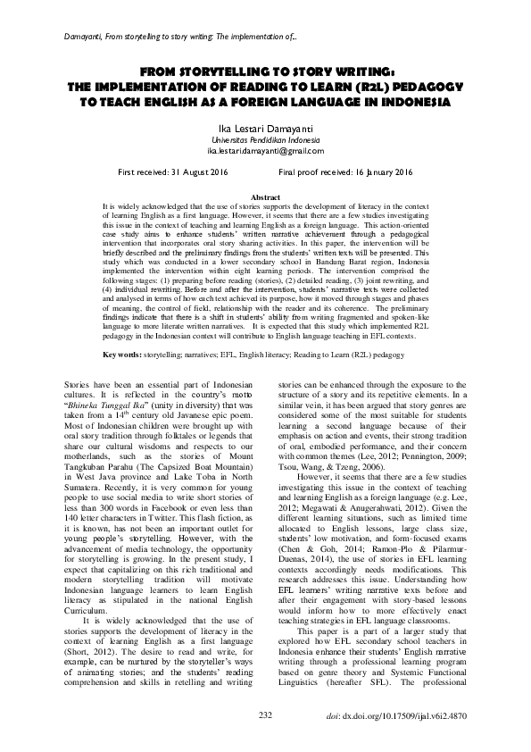 (PDF) From Storytelling to Story Writing: The Implementation of Reading ...