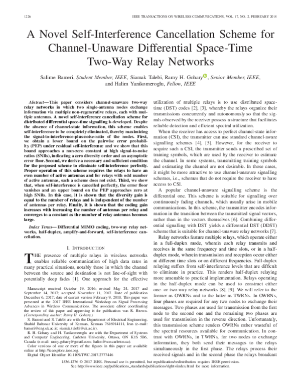 (PDF) A Novel Self-Interference Cancellation Scheme for Channel-Unaware Differential Space-Time ...