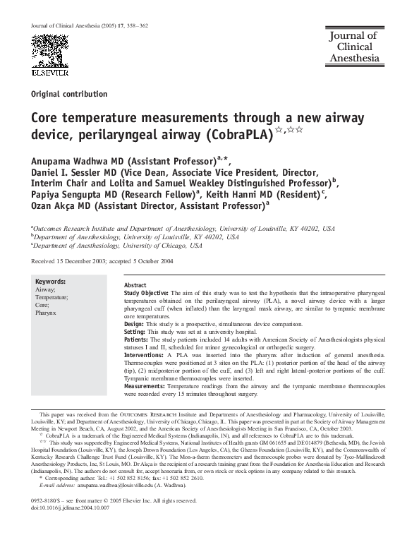 (PDF) Core temperature measurements through a new airway device ...