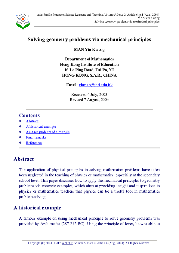 (PDF) Solving geometry problems via mechanical principles