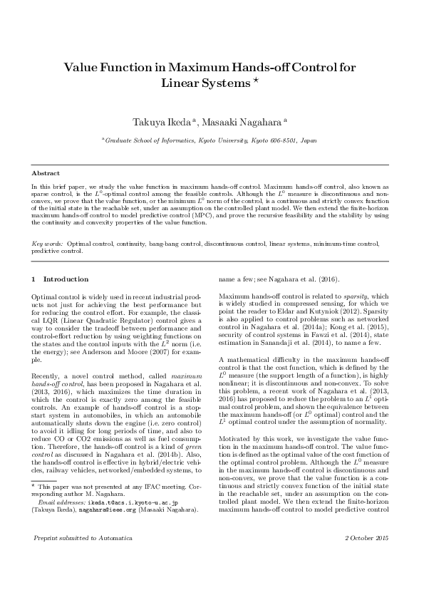 (PDF) Value function in maximum hands-off control for linear systems | Masaaki Nagahara ...