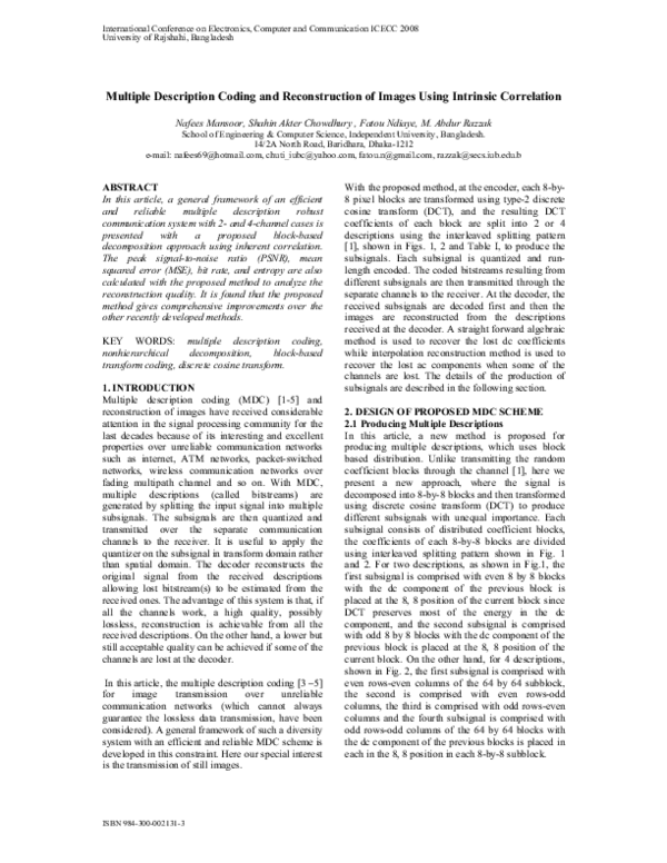 Pdf Multiple Description Coding And Reconstruction Of Images Using