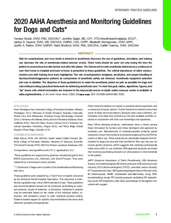 (PDF) VETERINARY PRACTICE GUIDELINES 2020 AAHA Anesthesia and ...