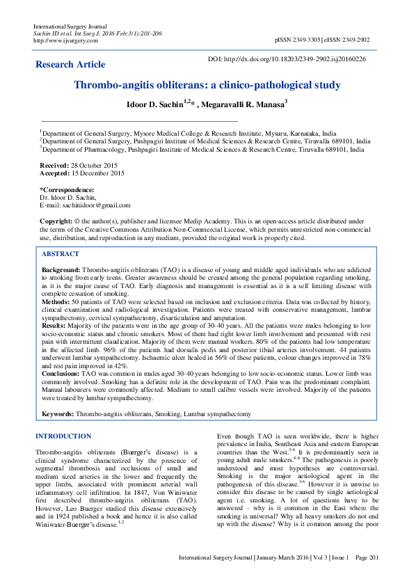 (PDF) Thrombo-angitis obliterans: a clinico-pathological study
