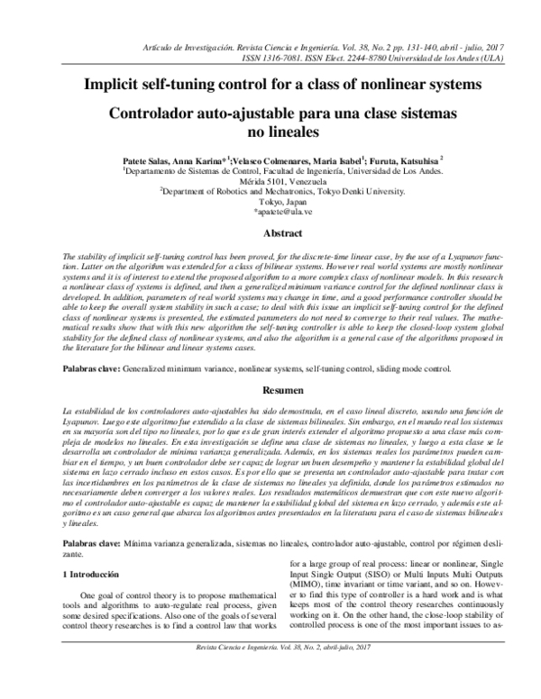 Pdf Implicit Self Tuning Control For A Class Of Nonlinear Systems