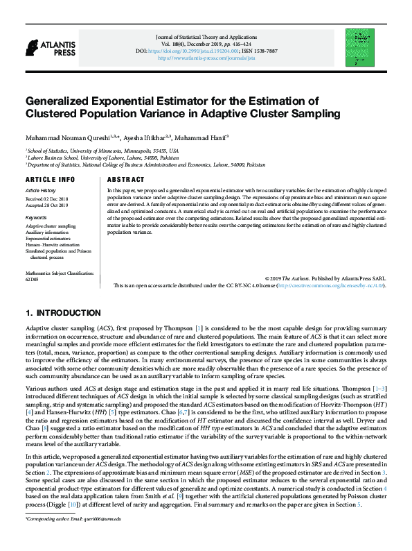 Pdf Generalized Exponential Estimator For The Estimation Of Clustered