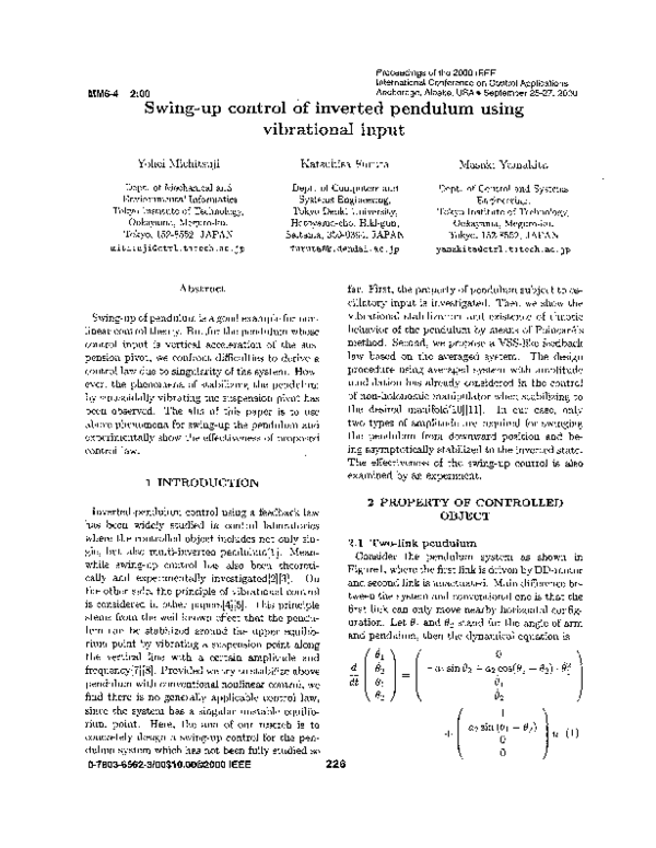 (PDF) Swing-up control of inverted pendulum using vibrational input