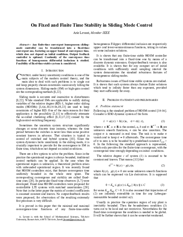 (PDF) On fixed and finite time stability in sliding mode control