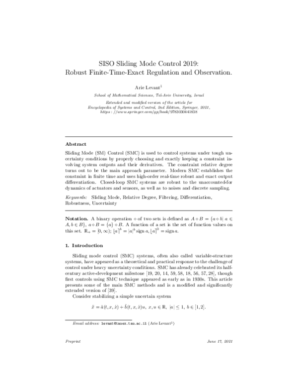 (PDF) SISO Sliding Mode Control 2019: Robust Finite-Time-Exact ...