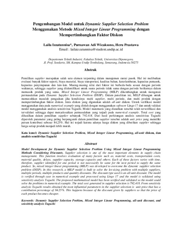 (PDF) Pengembangan Model untuk Dynamic Supplier Selection Problem ... (PDF) Pengembangan Model untuk Dynamic Supplier Selection Problem ...