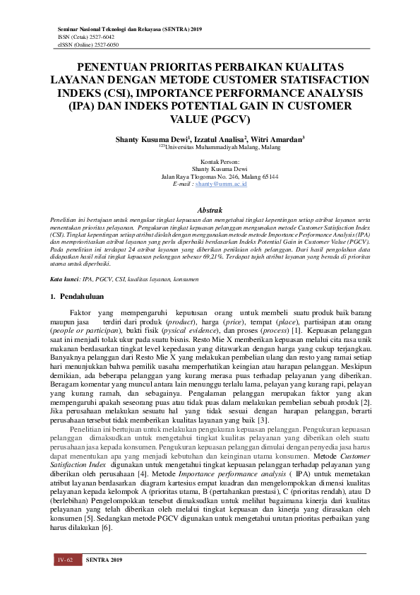 (PDF) Penentuan Prioritas Perbaikan Kualitas Layanan Dengan Metode Customer Statisfaction Indeks ...