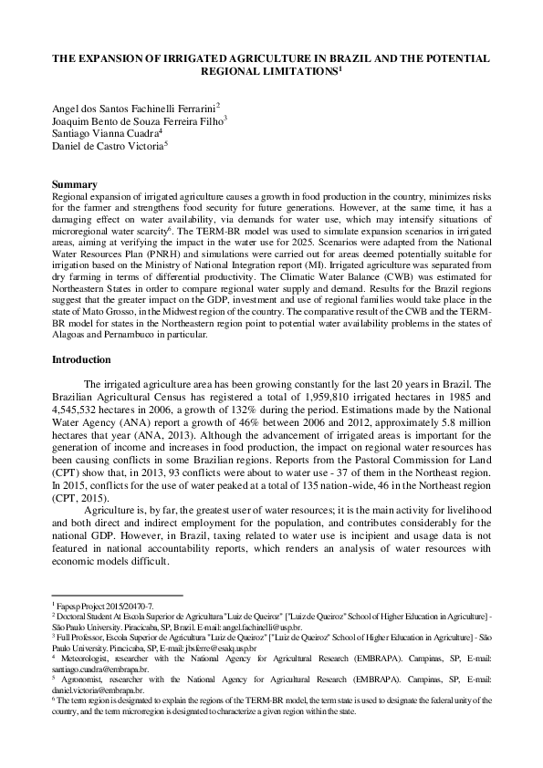 (PDF) The Expansion of Irrigated Agriculture in Brazil and Potential ...