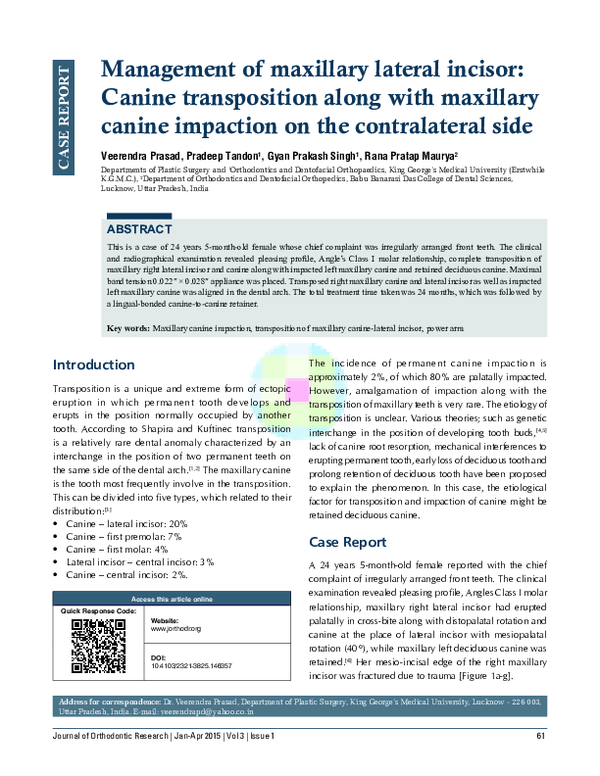 (PDF) Management of maxillary lateral incisor: Canine transposition ...