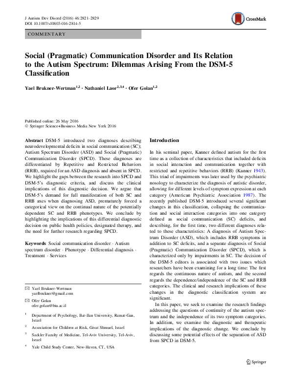 (PDF) Social (Pragmatic) Communication Disorder and Its Relation to the ...