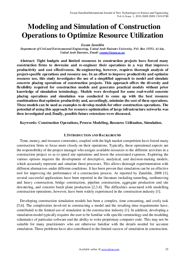 Pdf Modeling And Simulation Of Construction Operations To Optimize