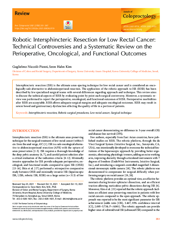 (PDF) Robotic Intersphincteric Resection for Low Rectal Cancer: Technical Controversies and a ...