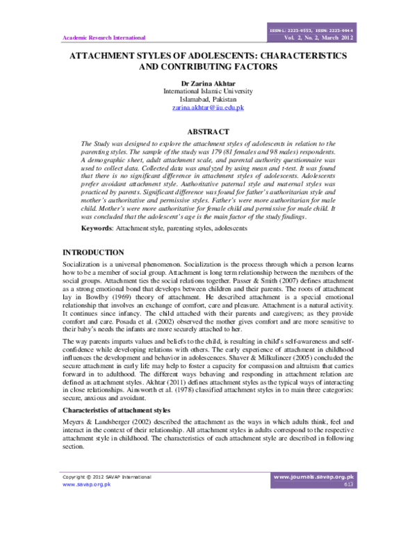 (PDF) Academic Research International ATTACHMENT STYLES OF ADOLESCENTS ...