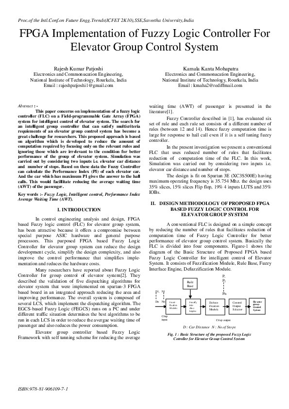 (PDF) FPGA Implementation of Fuzzy Logic Controller For Elevator Group ... (PDF) FPGA Implementation of Fuzzy Logic Controller For Elevator Group ...
