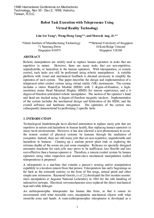 Pdf Robot Task Execution With Telepresence Using Virtual Reality Technology