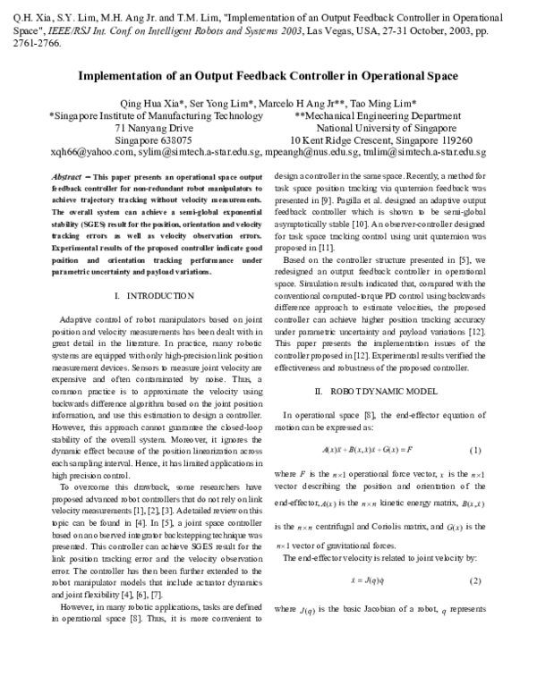 Pdf Implementation Of An Output Feedback Controller In Operational Space