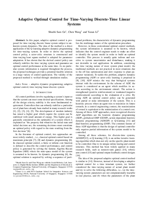 Pdf Adaptive Optimal Control For Linear Discrete Time Varying Systems