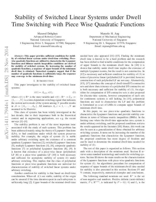 (PDF) Stability of switched linear systems under dwell time switching with piece wise quadratic ...