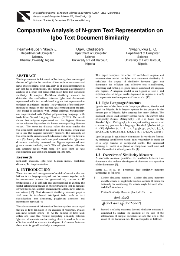 (PDF) Comparative Analysis of N-gram Text Representation on Igbo Text ... (PDF) Comparative Analysis of N-gram Text Representation on Igbo Text ...