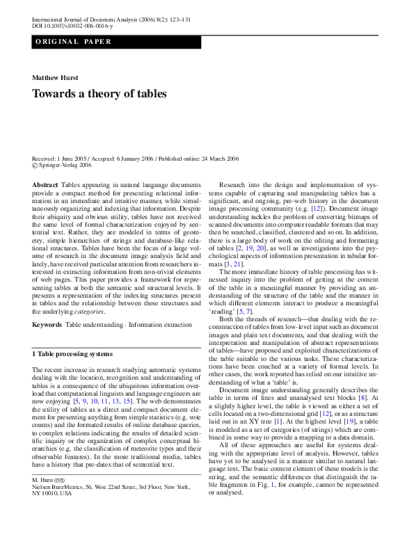 (PDF) Towards a theory of tables