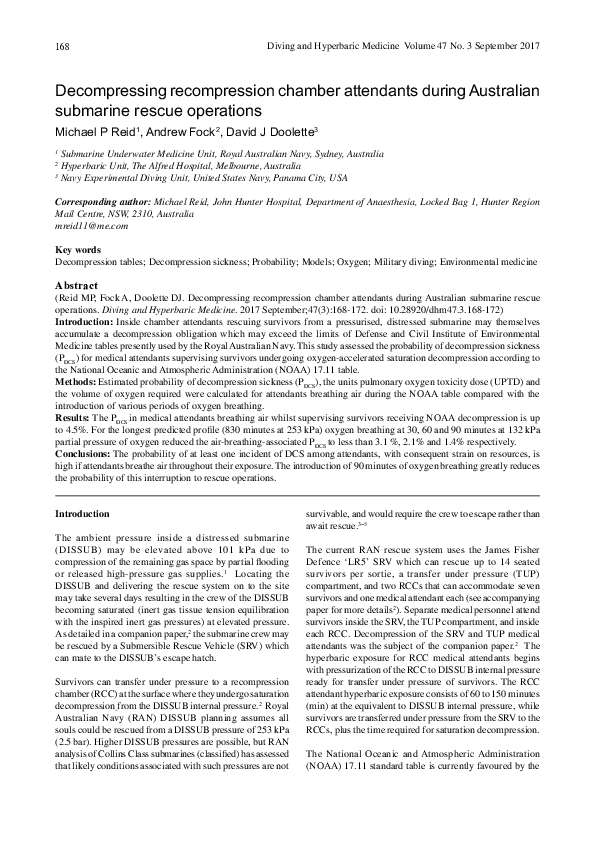 (PDF) Decompressing recompression chamber attendants during Australian ...