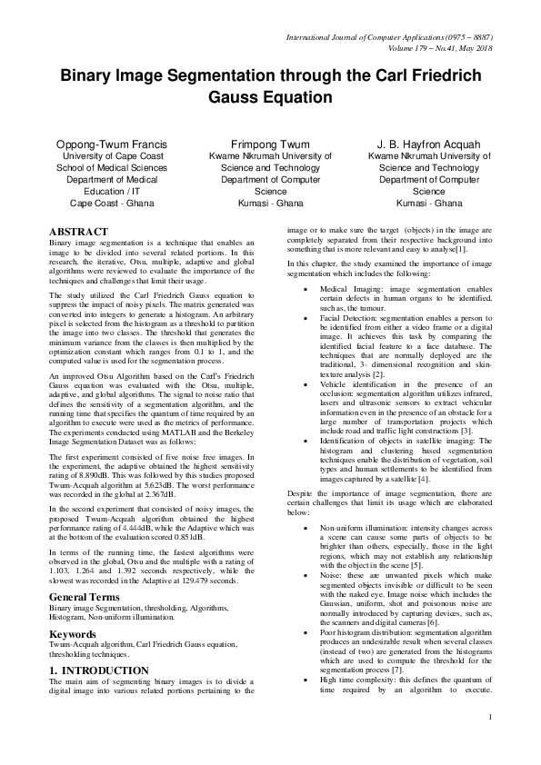 (PDF) Binary Image Segmentation through the Carl Friedrich Gauss Equation