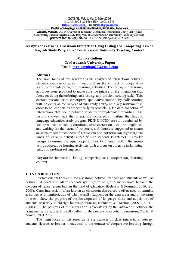 (PDF) Analysis of Learners’ Classroom Interaction Using Listing and ...