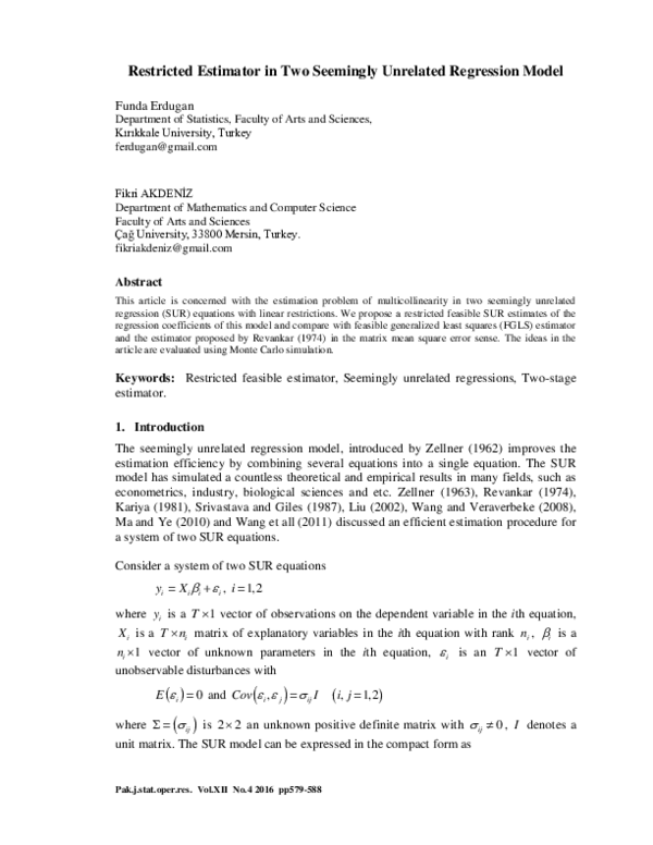(PDF) Restricted estimator in two seemingly unrelated regression model
