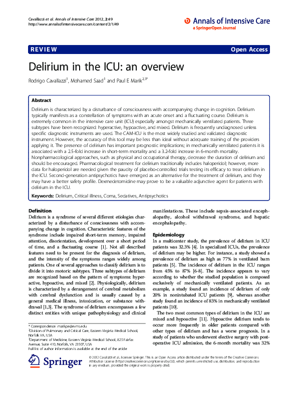 (PDF) Delirium in the ICU: an overview