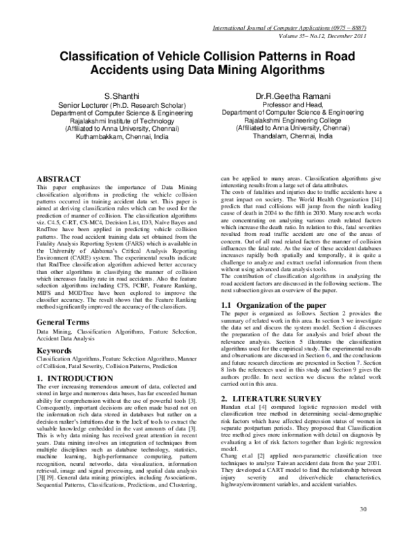 Pdf Classification Of Vehicle Collision Patterns In Road Accidents Using Data Mining Algorithms