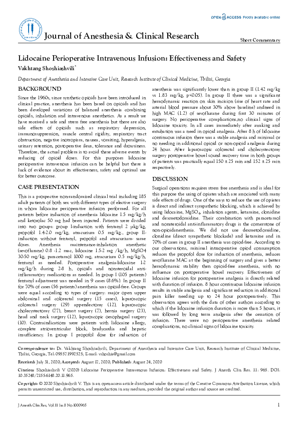 (PDF) Lidocaine Perioperative Intravenous Infusion: Effectiveness and Safety
