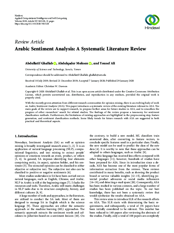 Pdf Arabic Sentiment Analysis A Systematic Literature Review